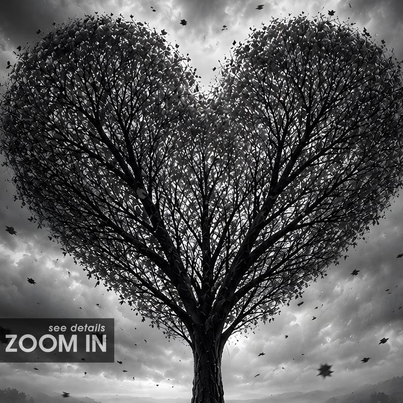 Stormy Heart Echoes | Dark Heart Tree Print | Moody Black White Wall ...