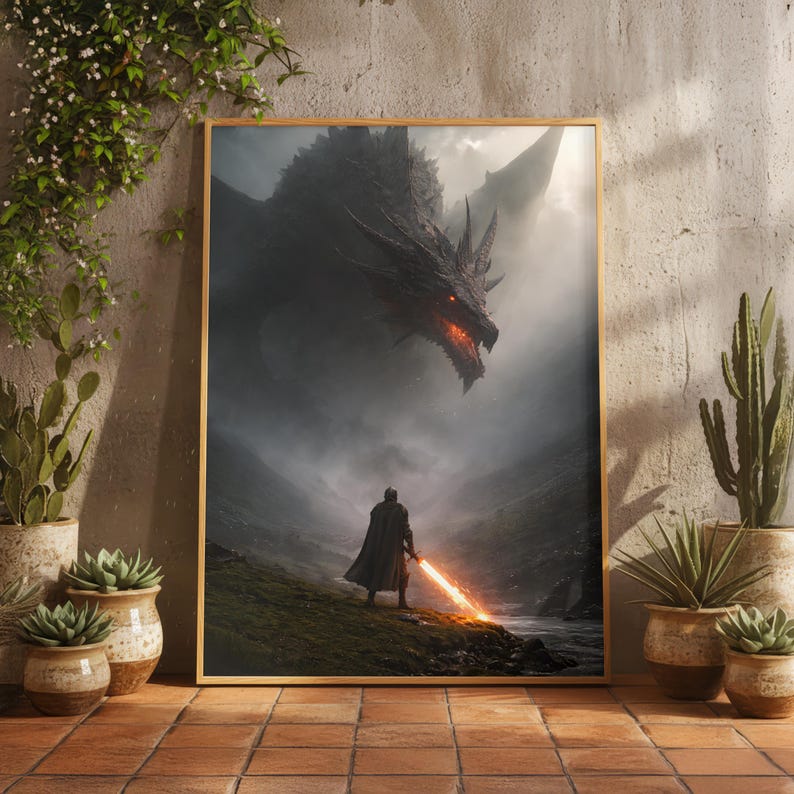 Dragon Slayer Poster, Dark Fantasy Dragon Wall Art, Epic Knight Vs ...