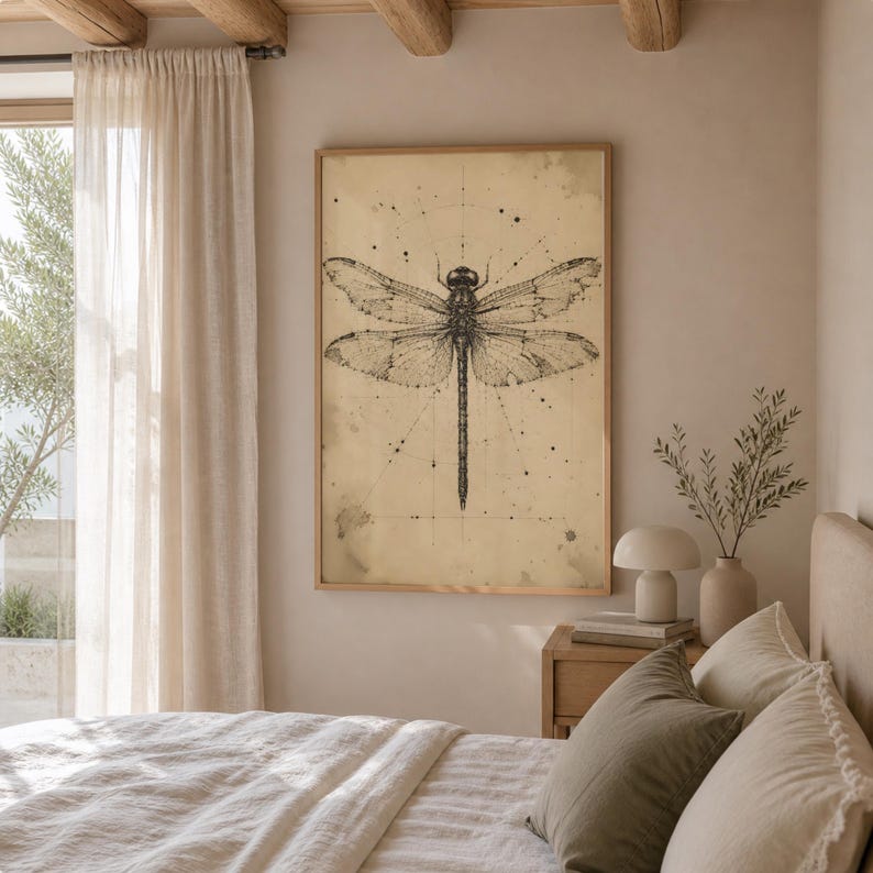 Dragonfly Anatomy Print | Vintage Insect Sketch Wall Art | Dark ...