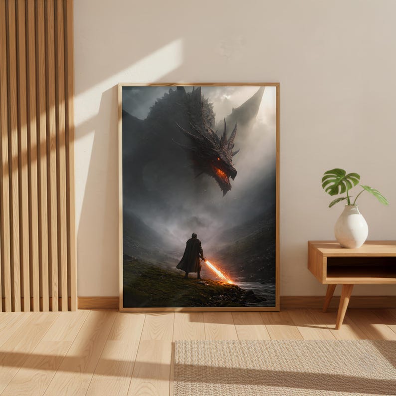Dragon Slayer Poster, Dark Fantasy Dragon Wall Art, Epic Knight Vs ...