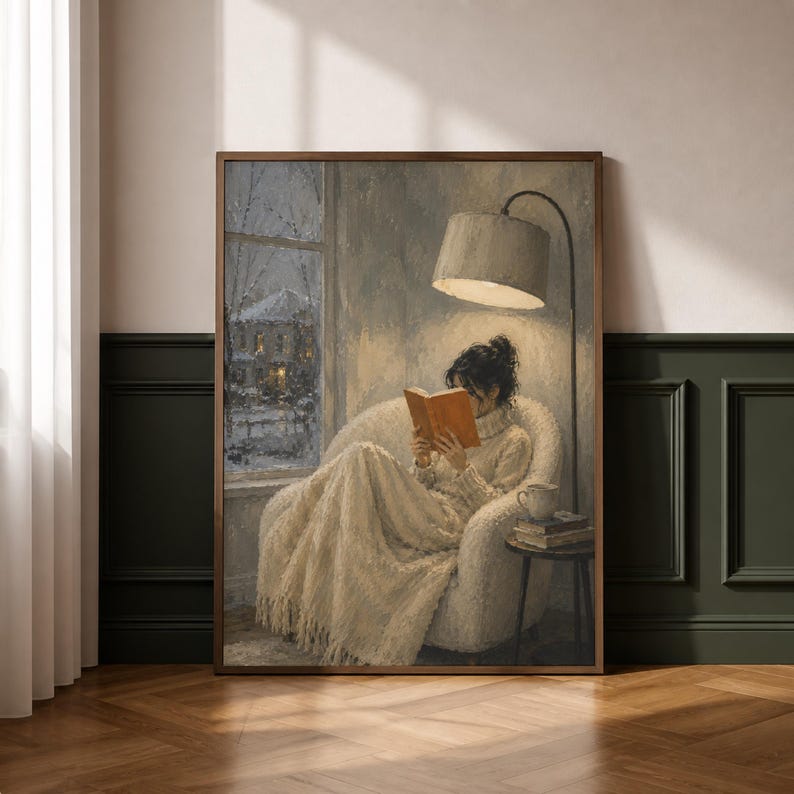 Cozy Winter Reading Scene Print | Hygge Book Nook Decor, Snow Day Art ...