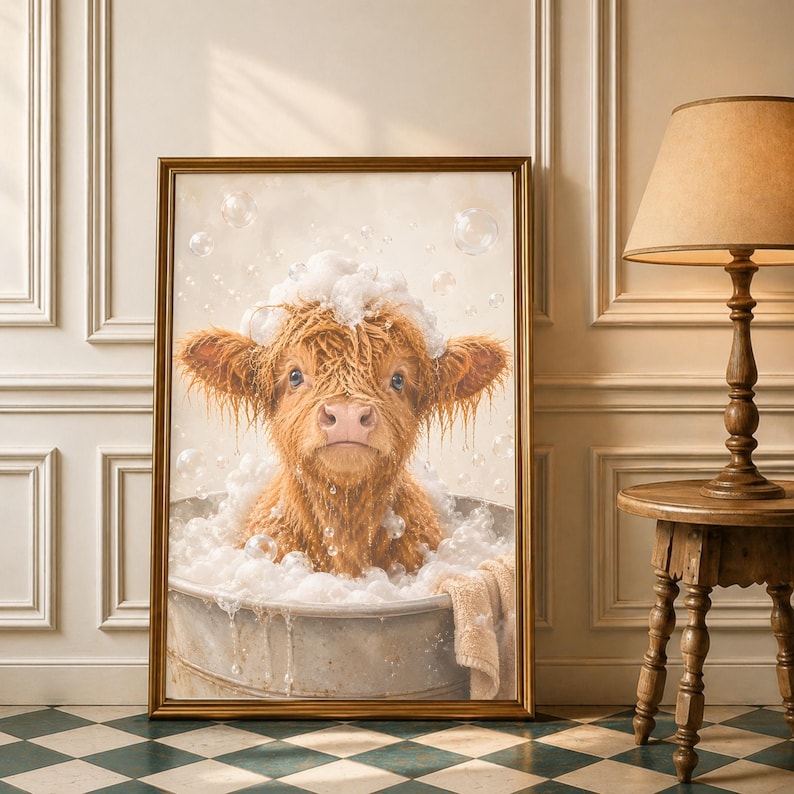 Highland Cow Bath Print | Farmhouse Animal Art Poster - Etsy