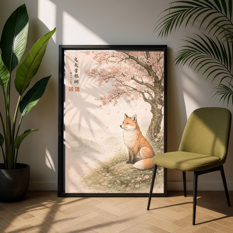 Japanese Fox Cherry Blossom Print, Ukiyo-e Style Kitsune Poster, Asian ...