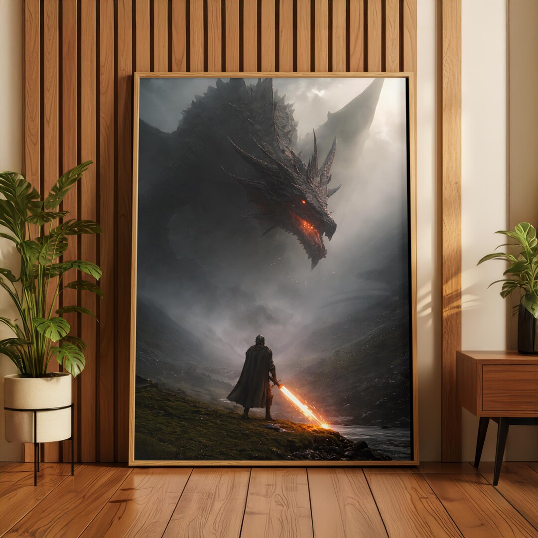 Dragon Slayer Poster, Dark Fantasy Dragon Wall Art, Epic Knight Vs ...