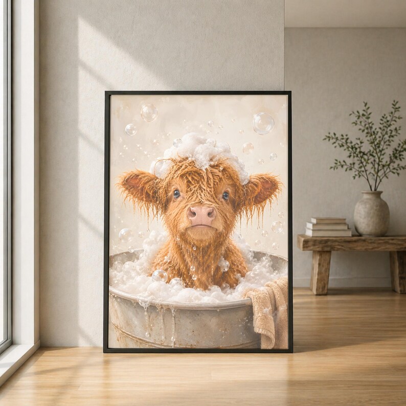 Highland Cow Bath Print | Farmhouse Animal Art Poster - Etsy