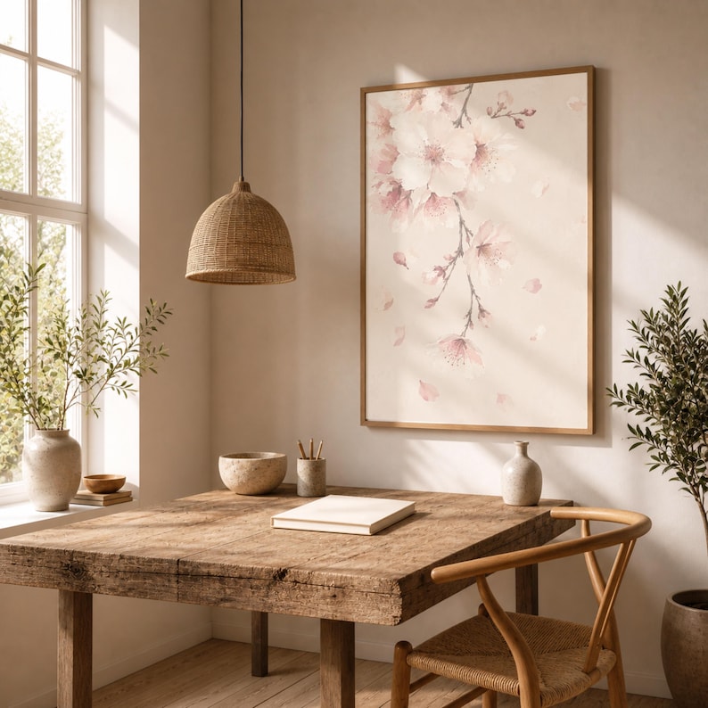 Cherry Blossom Print | Soft Sakura Botanical Artwork | Japandi Neutral ...