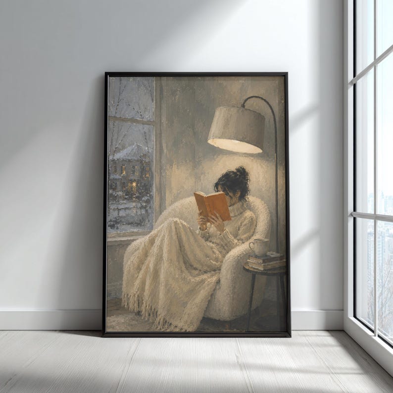 Cozy Winter Reading Scene Print | Hygge Book Nook Decor, Snow Day Art ...