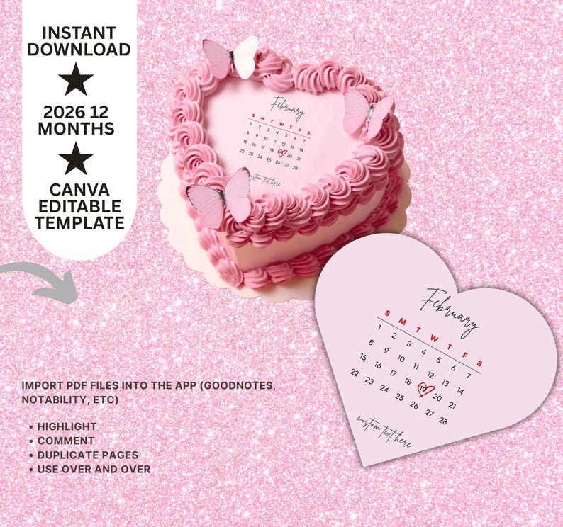 Heart Shape 2026 Calendar Cake Topper Template | Editable Cake Topper ...