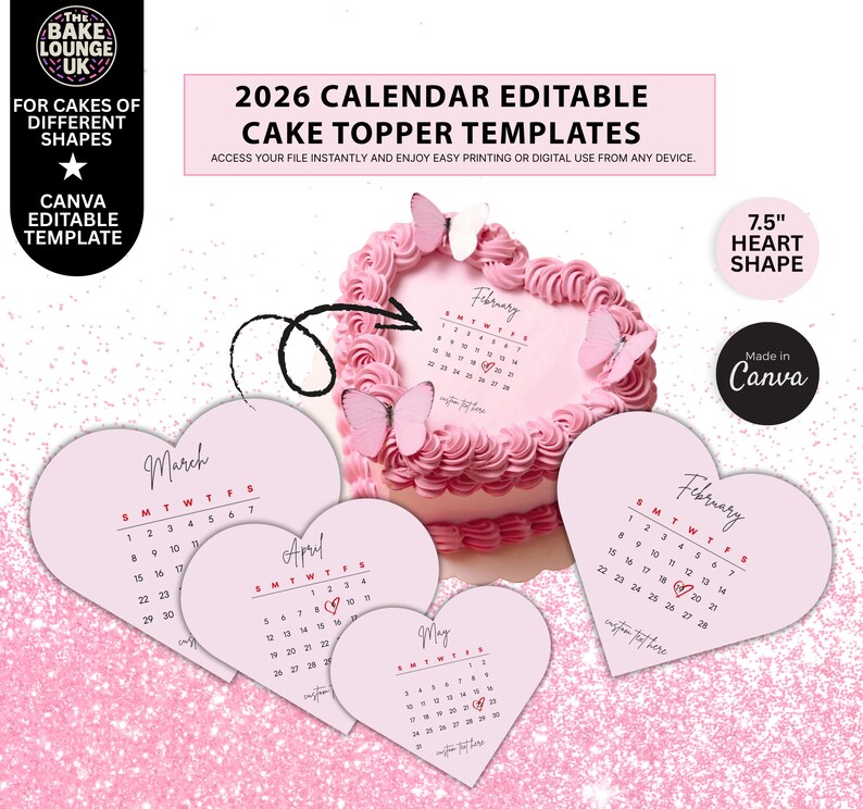 Heart Shape 2026 Calendar Cake Topper Template | Editable Cake Topper ...