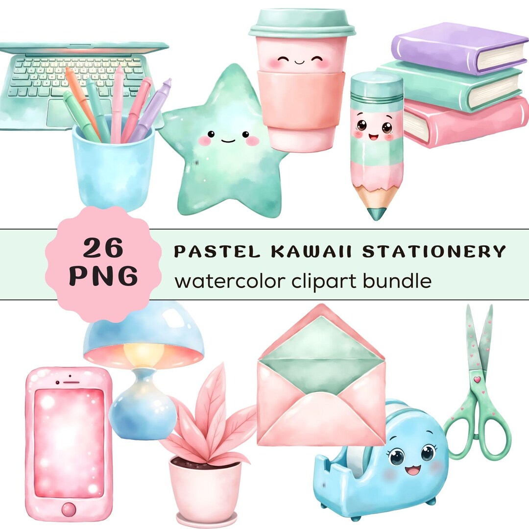 Watercolor Pastel Kawaii Stationery Clipart | Office PNG Bundle ...