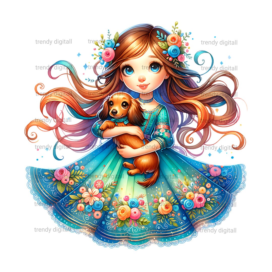 Whimsical Girl With Dog Clipart Bundle | Vibrant Cute Girl PNG | Kids ...
