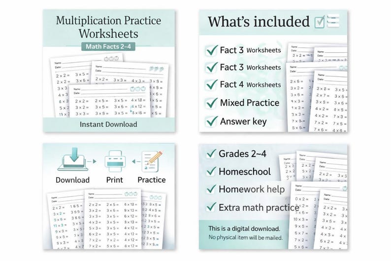 Printable Multiplication Practice Worksheets | Math Facts 2–4 | Instant ...