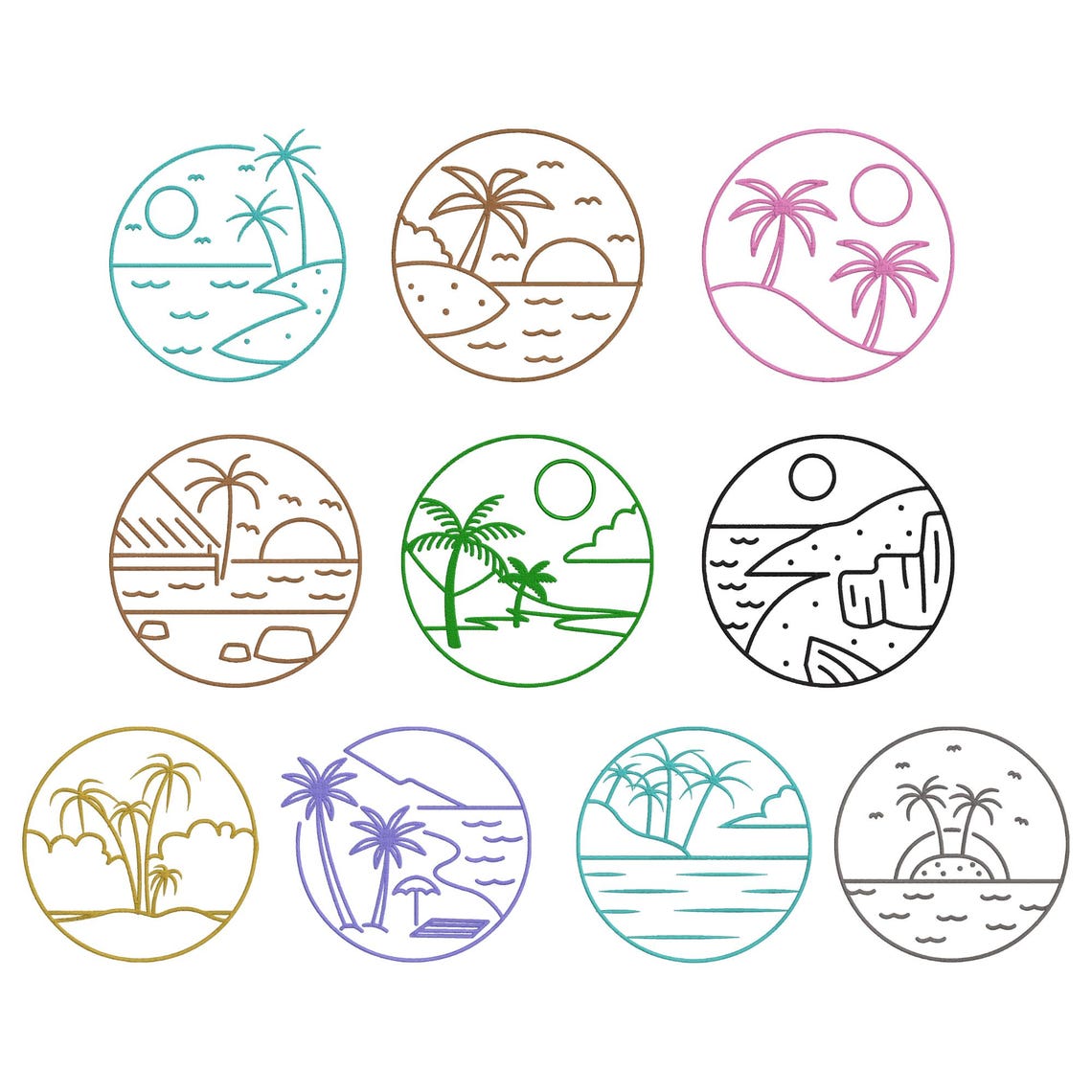 Tropical Beach Line Art Embroidery Design, Palm Tree Ocean Machine ...