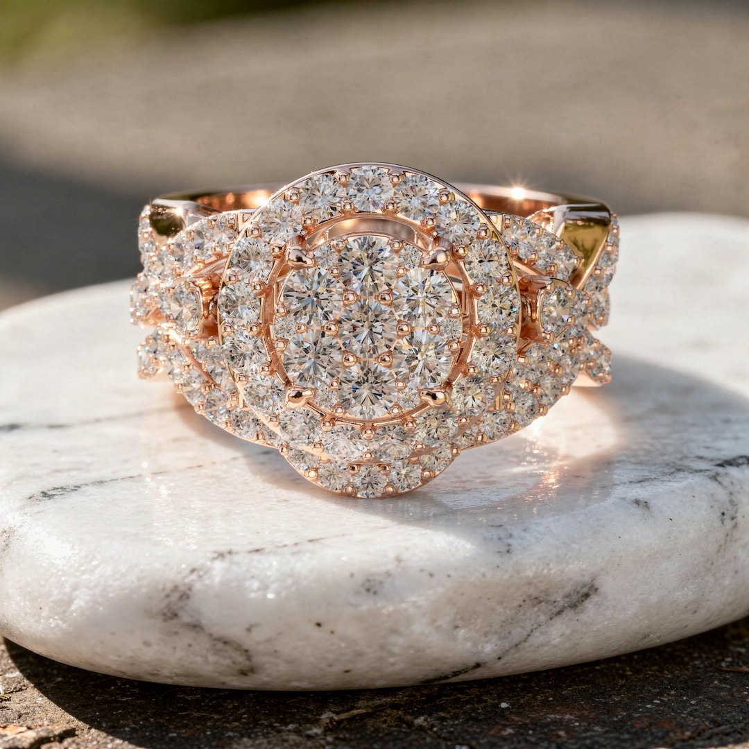 Buy Round Halo Engagement Ring Double Halo Cluster Moissanite or Lab ...
