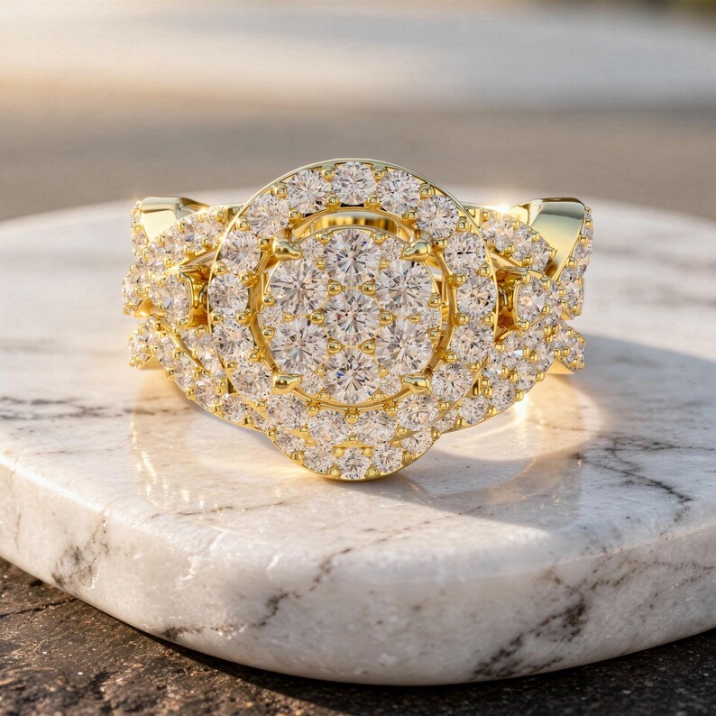 Buy Round Halo Engagement Ring Double Halo Cluster Moissanite or Lab ...