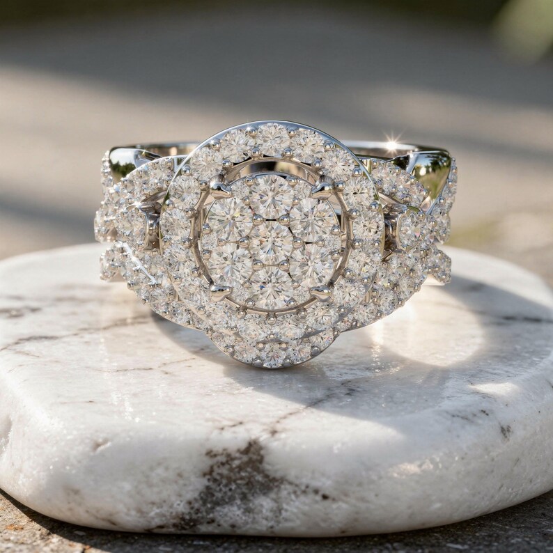 Buy Round Halo Engagement Ring Double Halo Cluster Moissanite or Lab ...