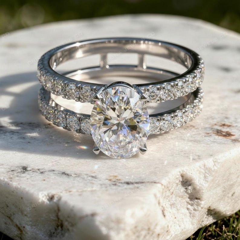 Buy Oval Diamond Engagement Ring With Double Band and Pavé Accents ...