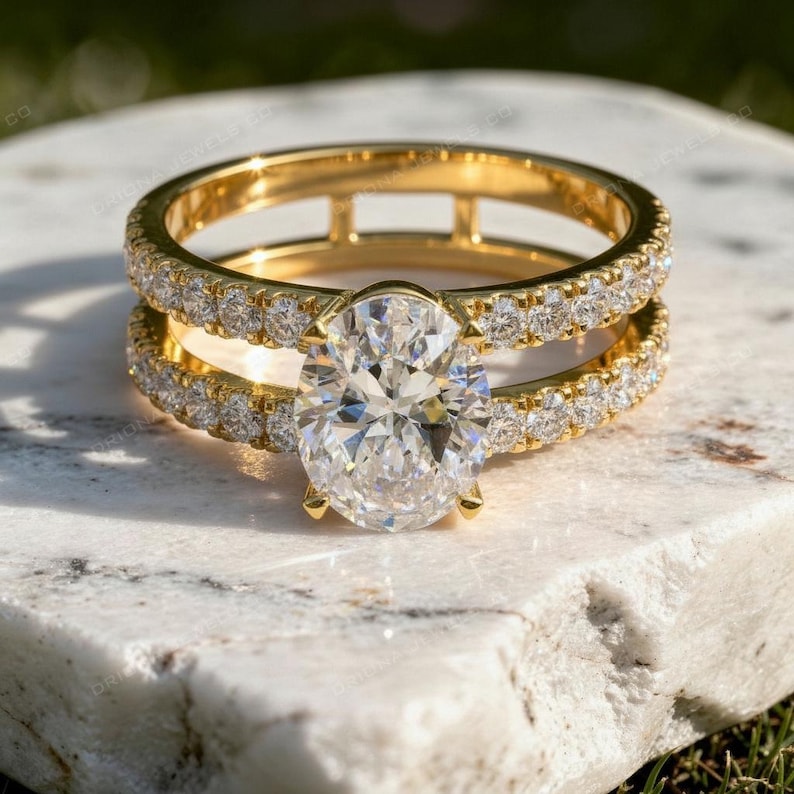 Buy Oval Diamond Engagement Ring With Double Band and Pavé Accents ...