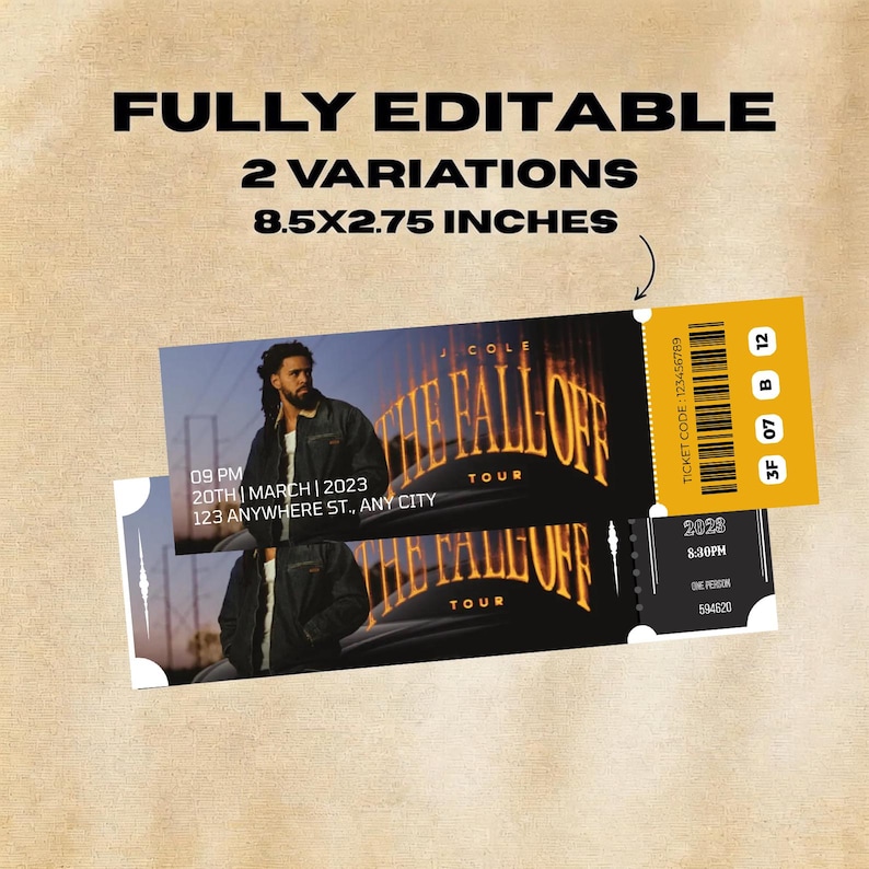 J Cole the Fall off Tour Ticket | Editable Canva Concert Pass (digital ...