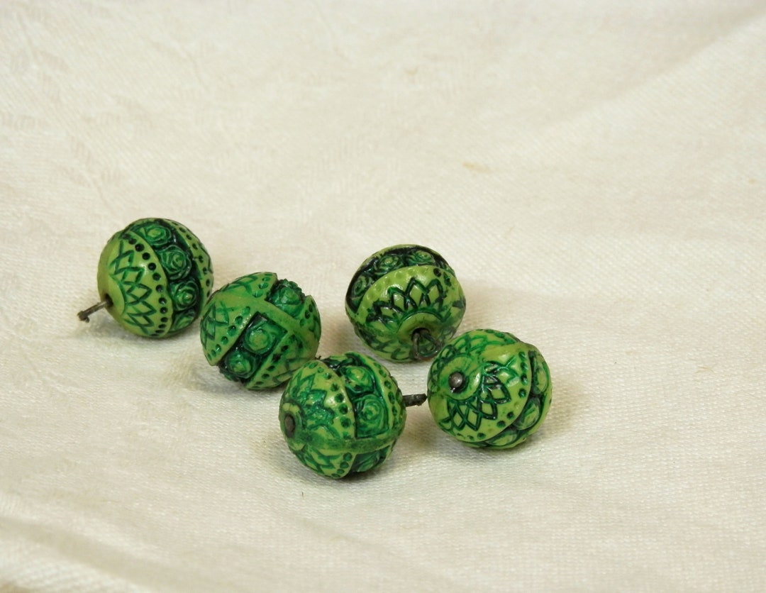 Antique Green Buttons, Five Green Ceramic Tribal Boho Focal Drop Bead ...
