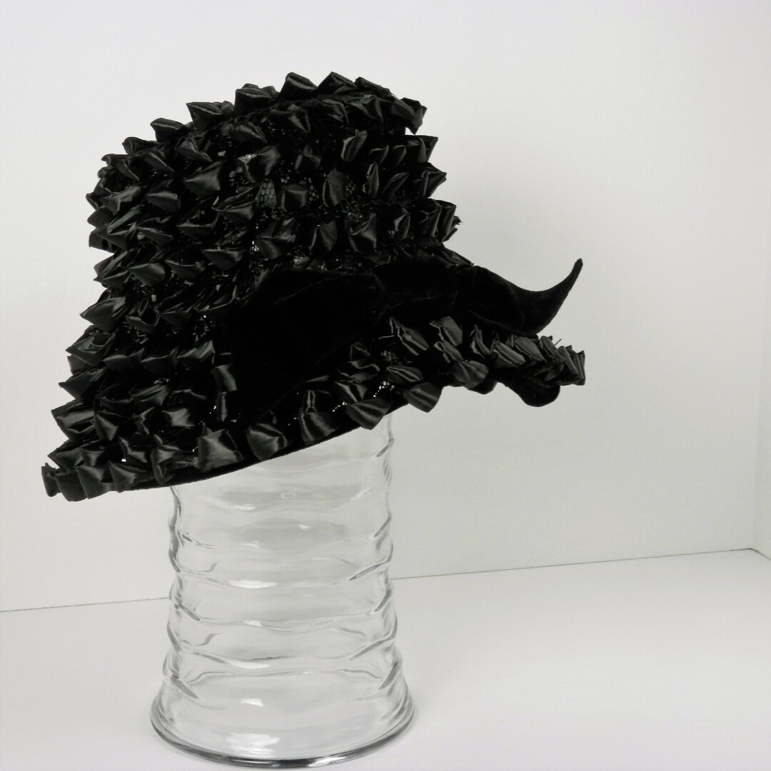 Black Raffia Bucket Hat With Black Velvet Bow, Vintage 60s Tall Bucket ...