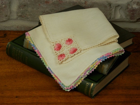 Two Vintage Rainbow Crochet Handkerchiefs Multi Color | Etsy