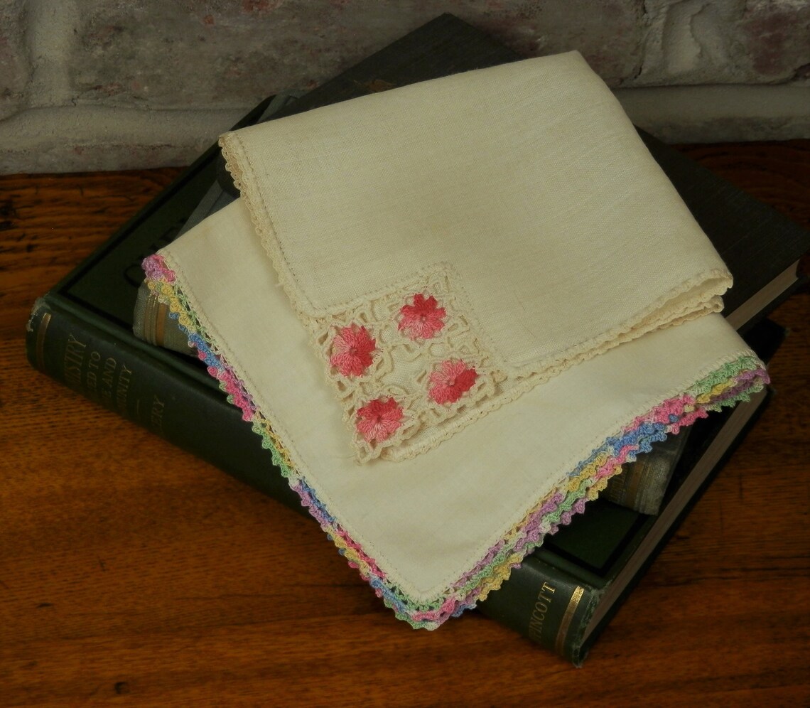 Two Vintage Rainbow Crochet Handkerchiefs Multi Color | Etsy