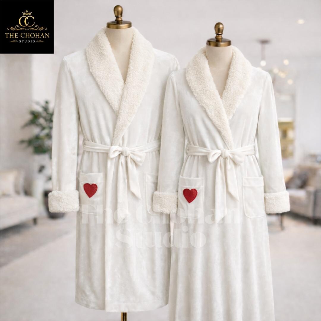 Luxury White Couple Bathrobe Set With Fur Collar Heart Pockets Wedding ...