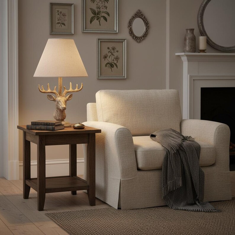 Stonewashed Stag Head Table Lamp | Linen Shade, Rustic Decor - Etsy