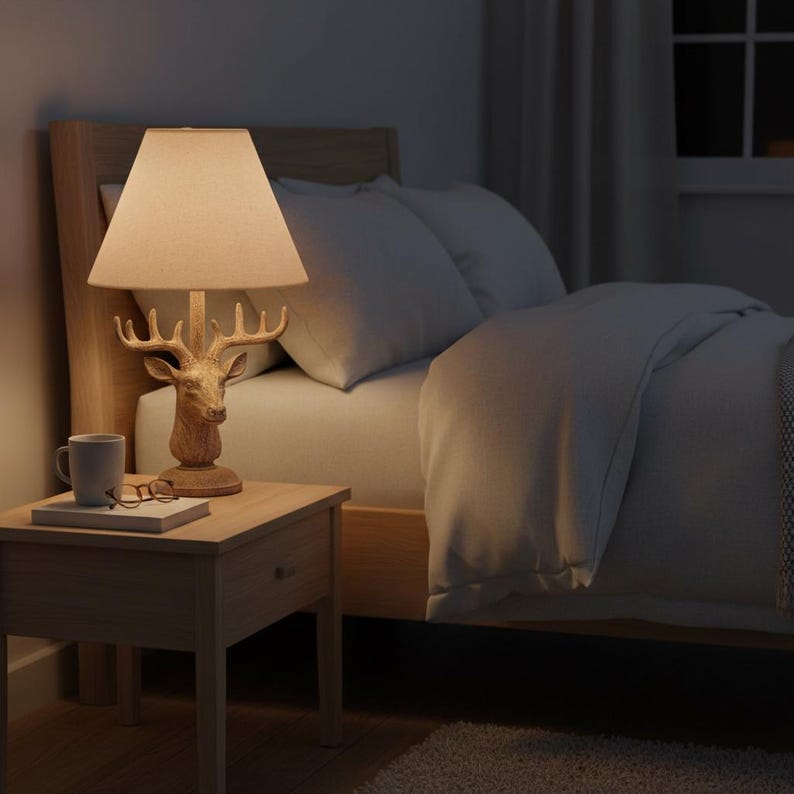Stonewashed Stag Head Table Lamp | Linen Shade, Rustic Decor - Etsy