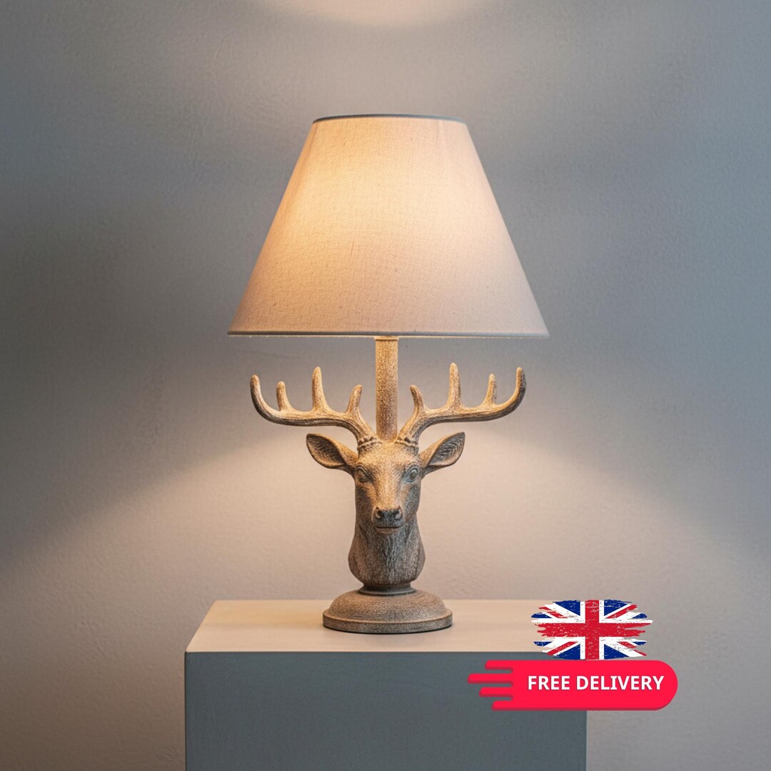 Stonewashed Stag Head Table Lamp | Linen Shade, Rustic Decor - Etsy