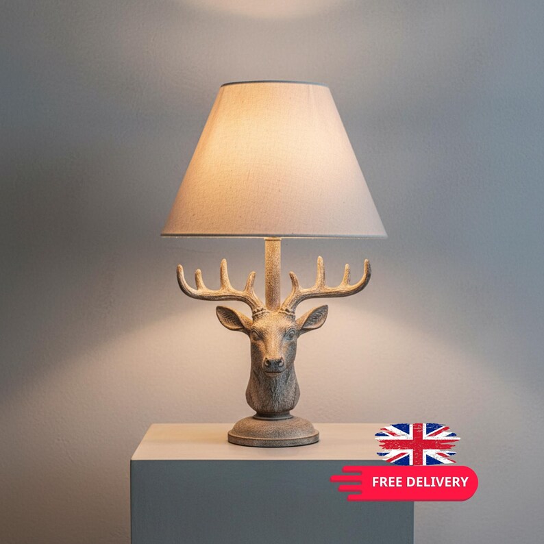 Stonewashed Stag Head Table Lamp | Linen Shade, Rustic Decor - Etsy