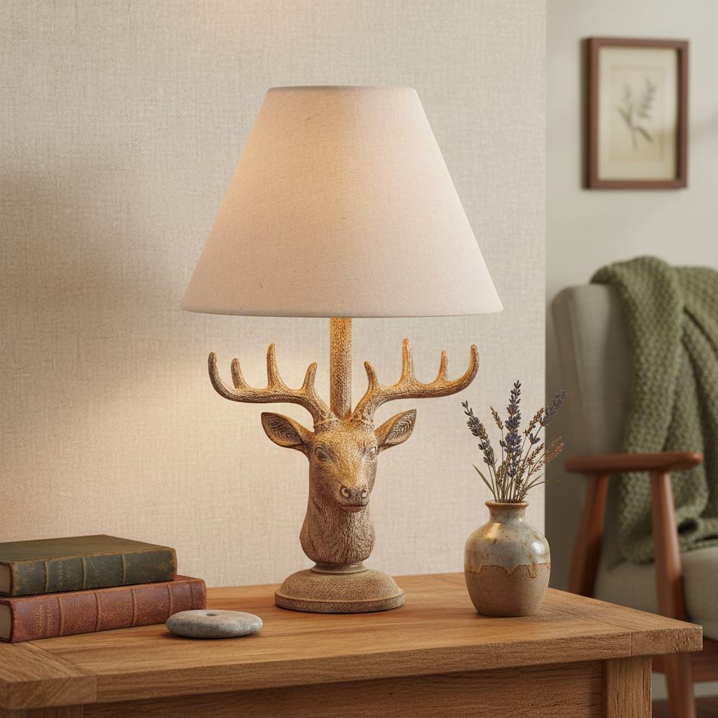 Stonewashed Stag Head Table Lamp | Linen Shade, Rustic Decor - Etsy