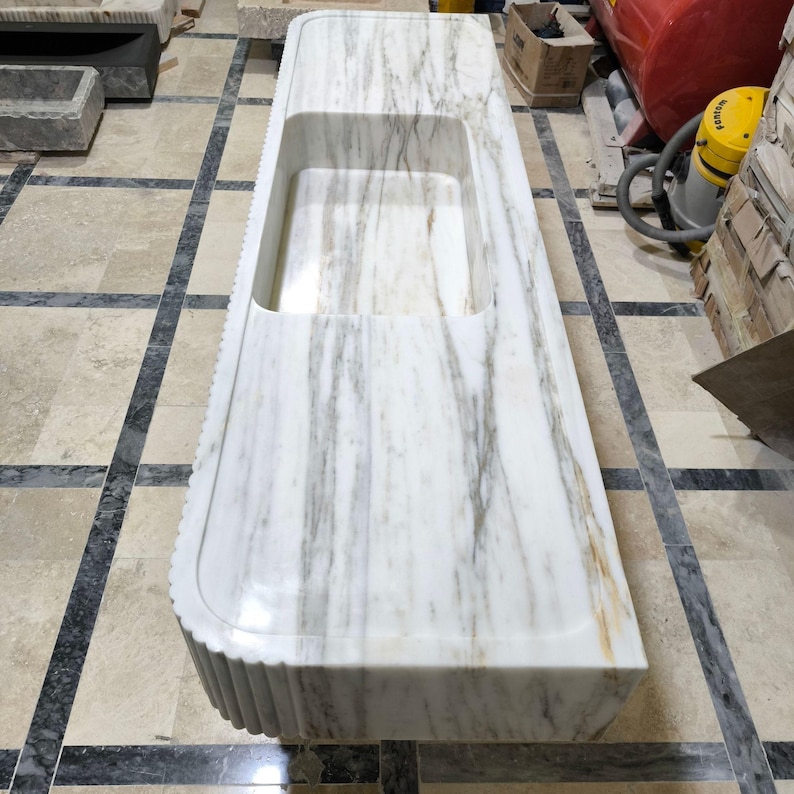 Hand Carved Carrara Marble Vessel Sink: Fluted Front, Rounded Corner - Etsy