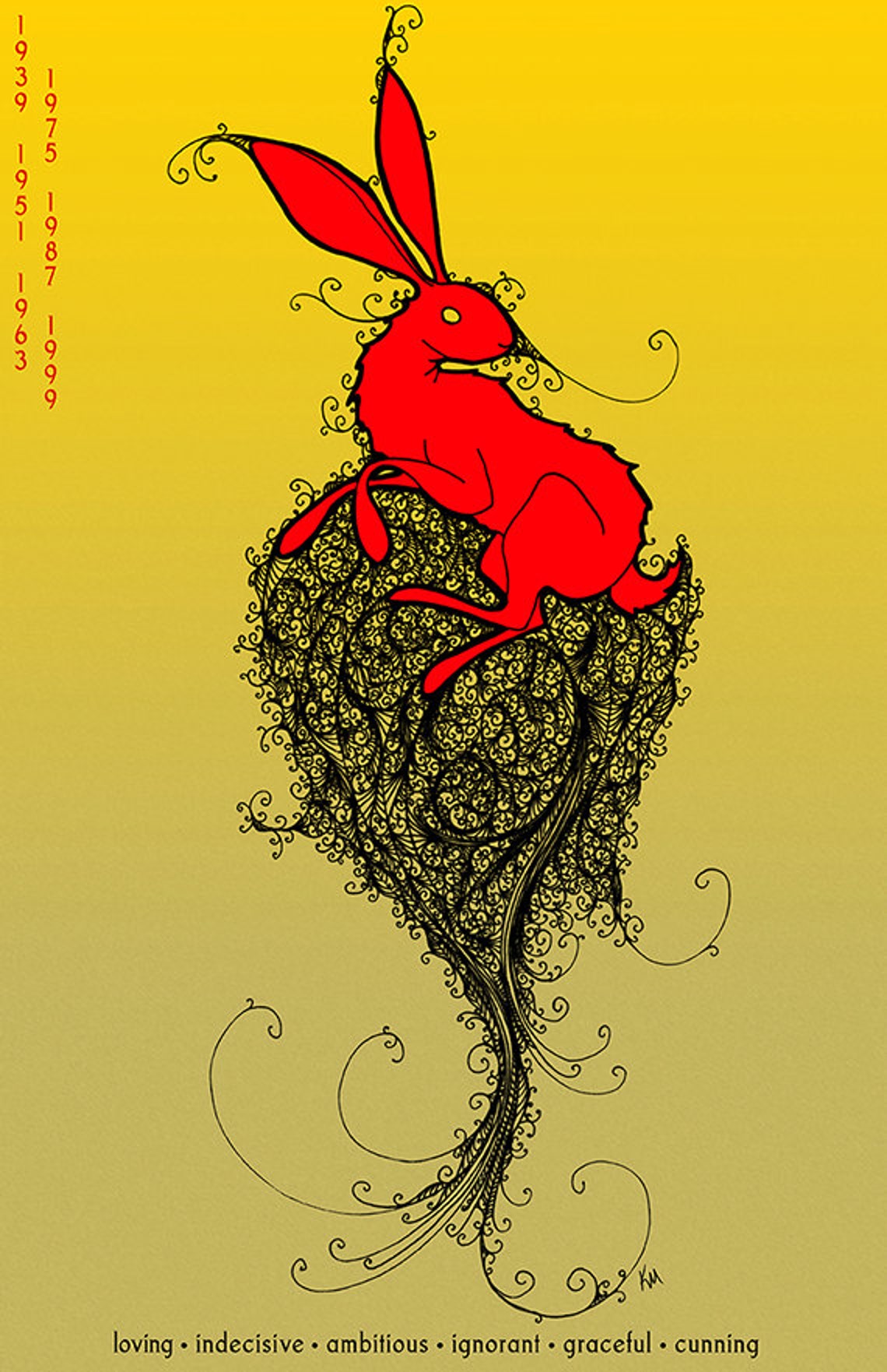 Zodiac Rabbit Art Large Print 11x17 Poster Fall Autumn Red Yellow Gold ...