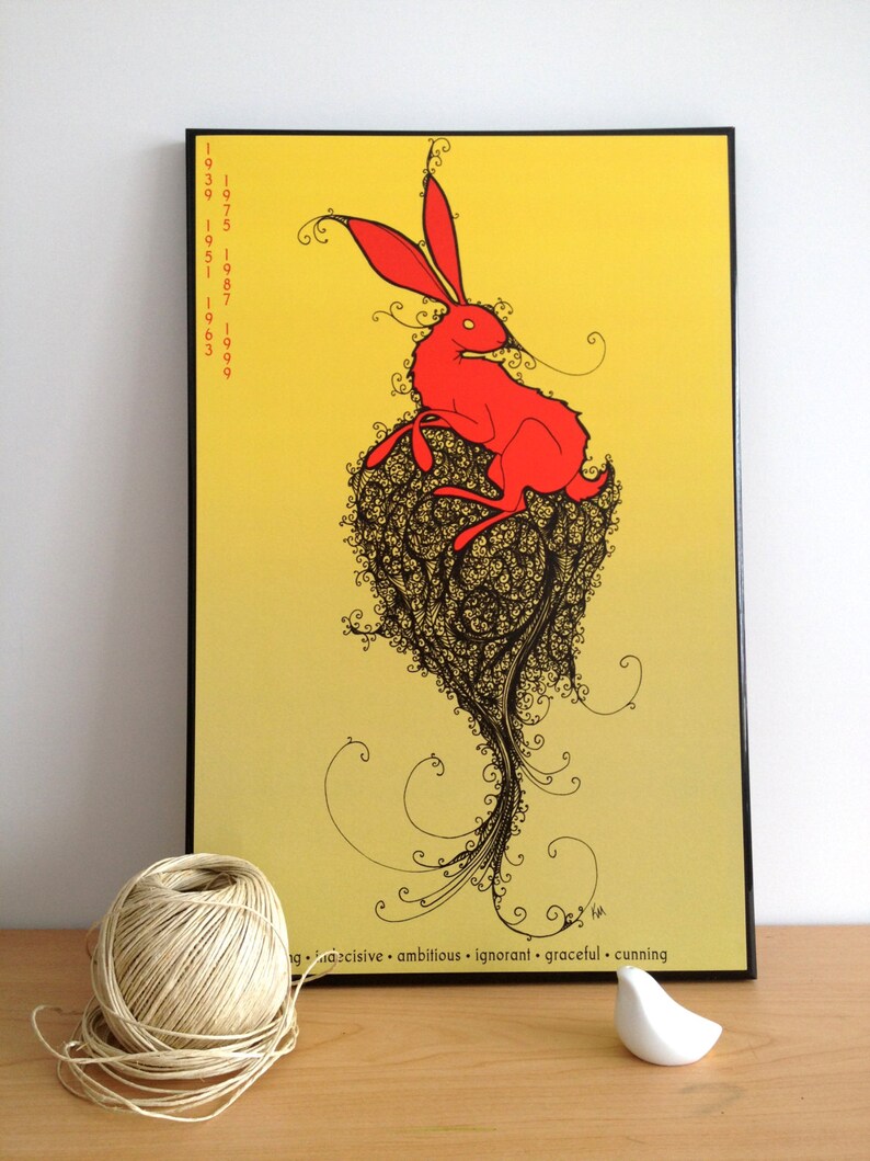 Zodiac Rabbit Art Large Print 11x17 Poster Fall Autumn Red Yellow Gold ...
