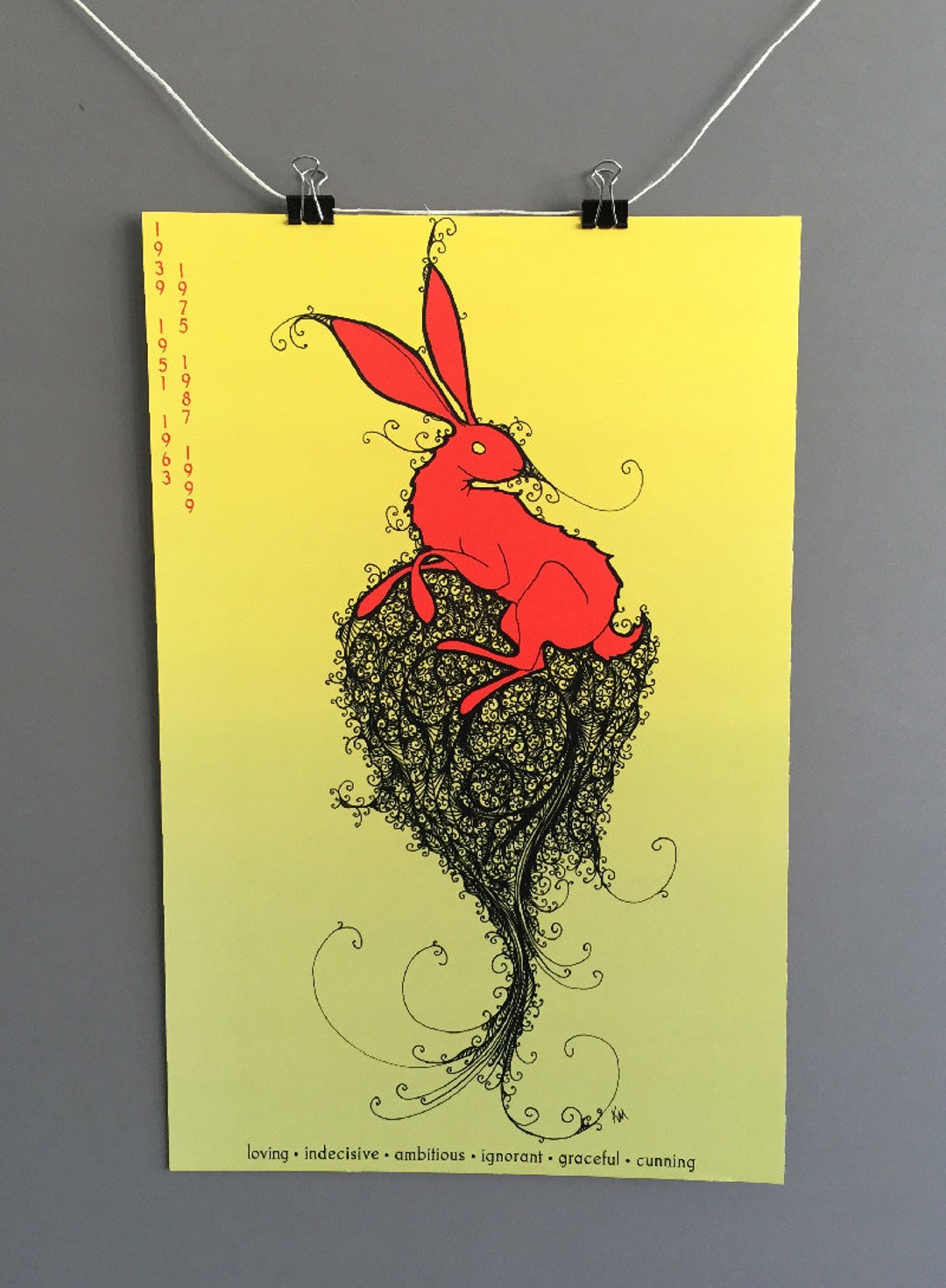 Zodiac Rabbit Art Large Print 11x17 Poster Fall Autumn Red Yellow Gold ...