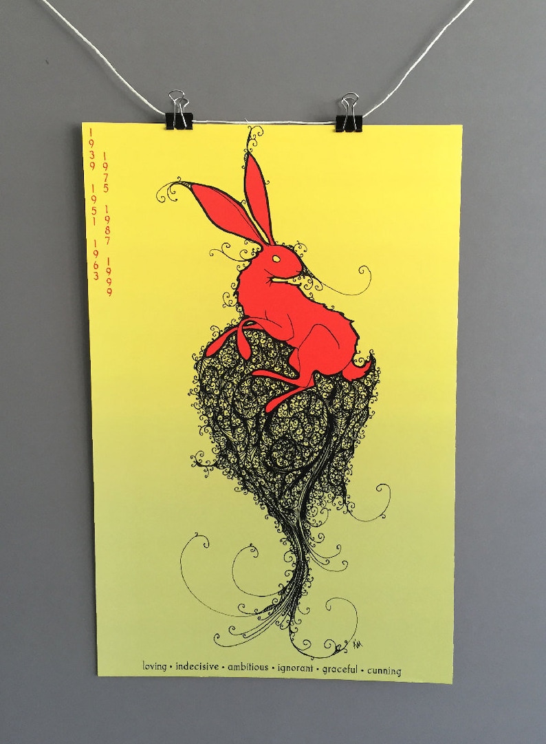 Zodiac Rabbit Art Large Print 11x17 Poster Fall Autumn Red Yellow Gold ...
