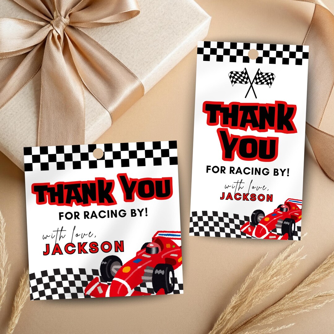 Race Car Birthday Gift Tags, Checkered Flag, Motorsports Racing ...