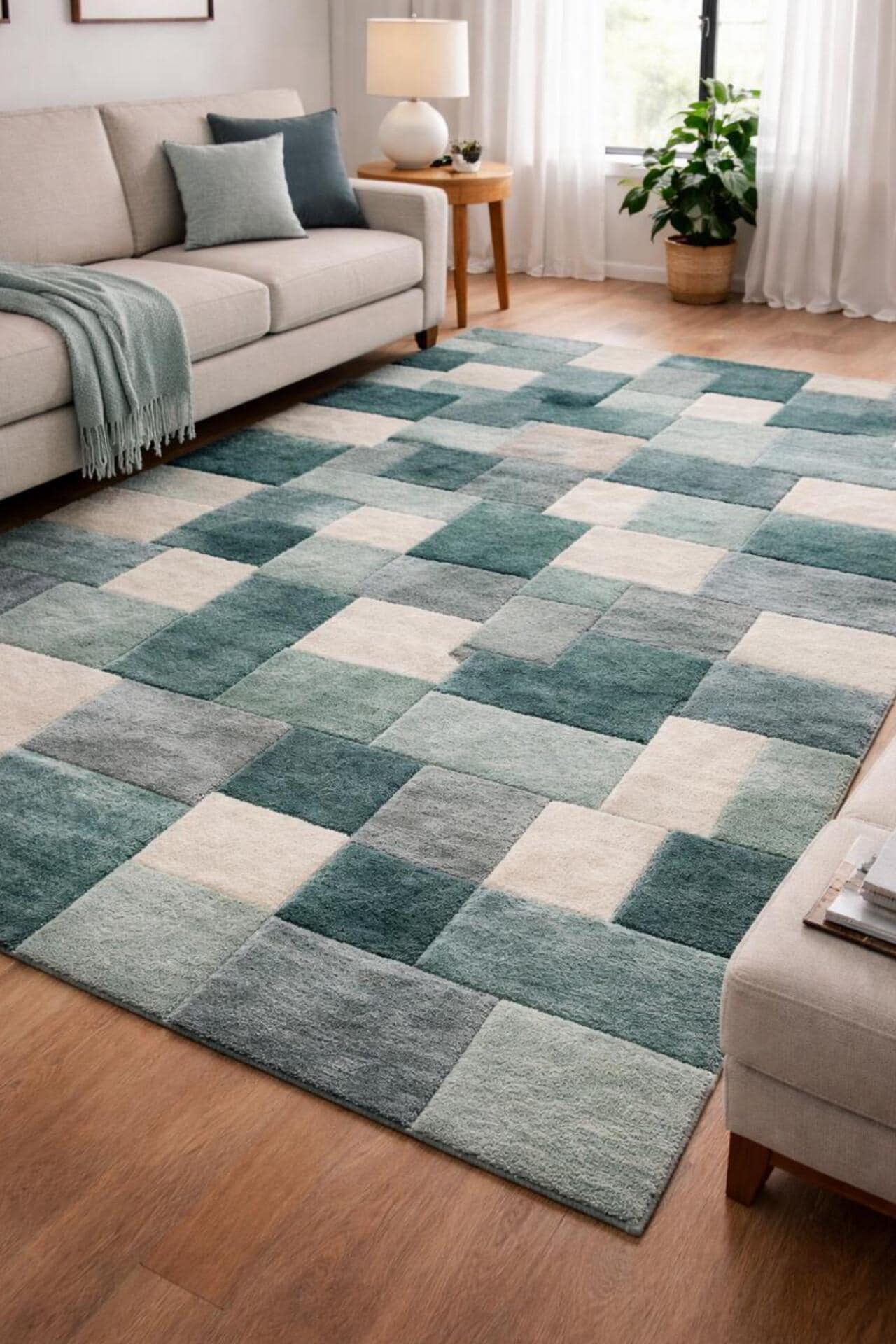 Hand Tufted Wool Rug, Teal Checkered Geometric Design, Scandinavian ...