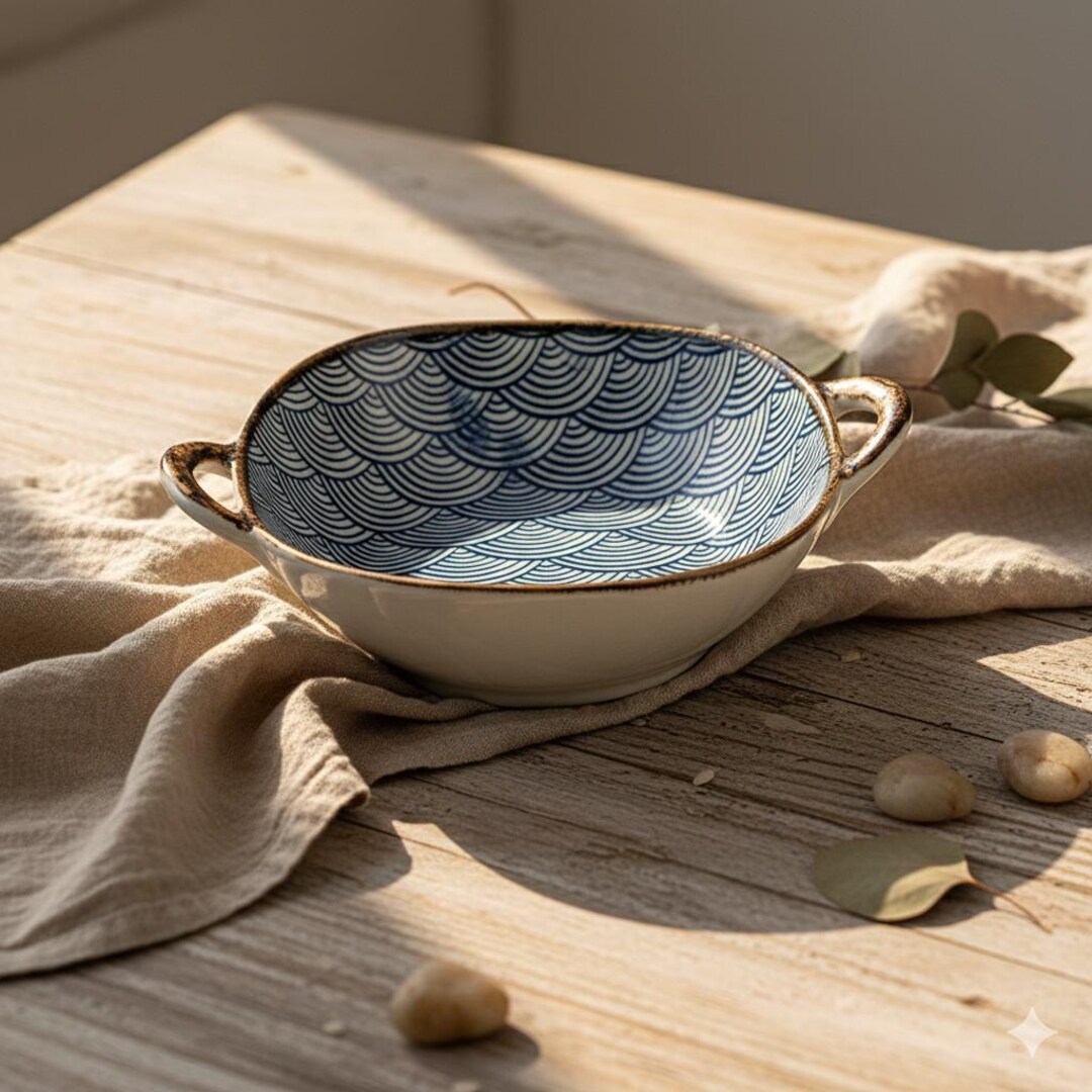 Handcrafted Wave Pattern Ceramic Bowl With Handles – Artisanal 7.25 ...