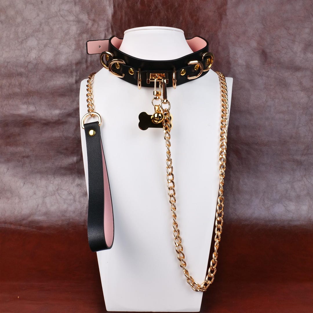 Double Layer D Ring Leather Choker With Bone Tag & Bell, Detachable ...
