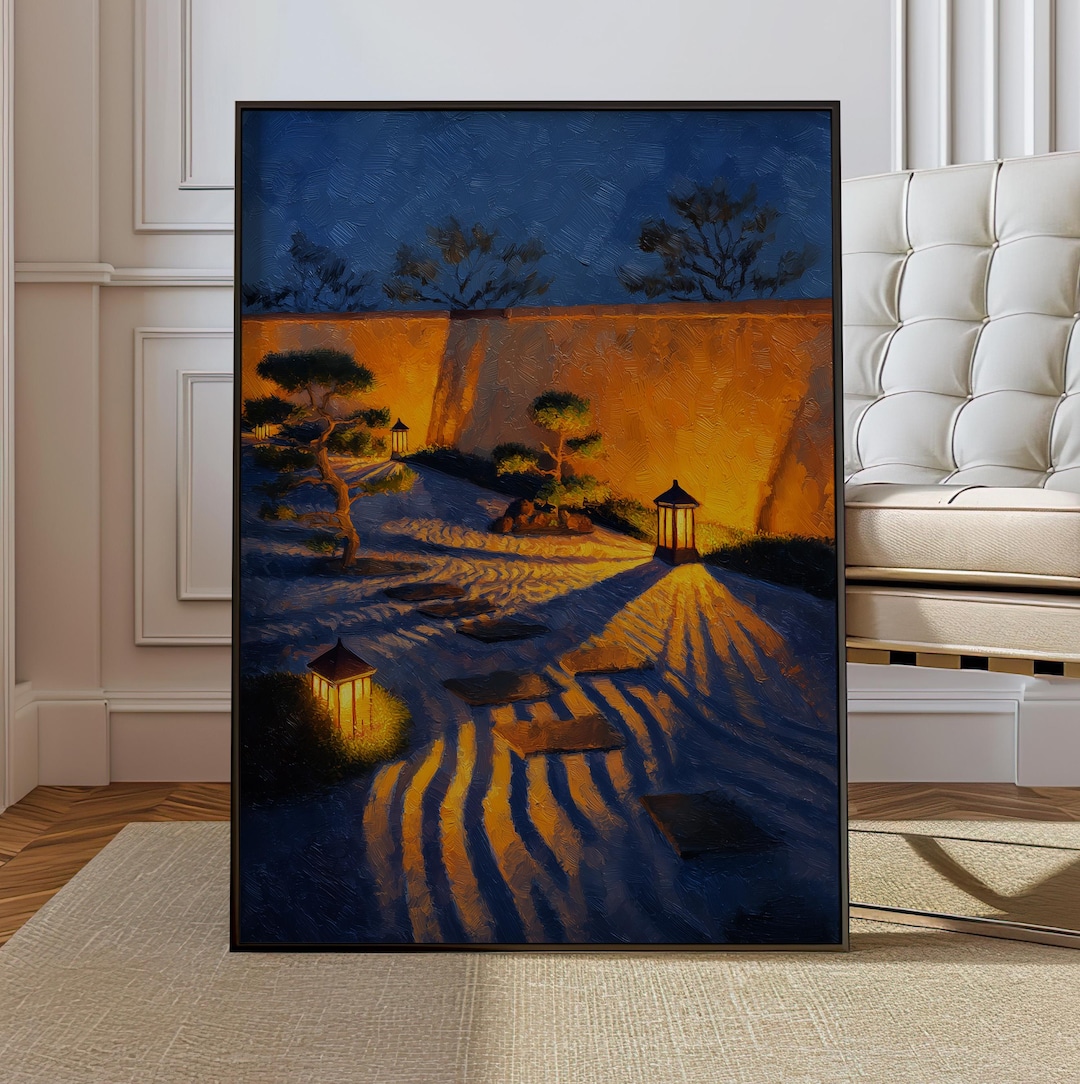 Zen Garden Lanterns Rolled Poster | Tranquil Evening Landscape Art ...