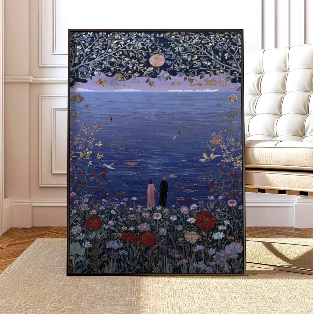 Romantic Renaissance Moonlit Sea Wall Art | Symbolic Lovers Landscape ...