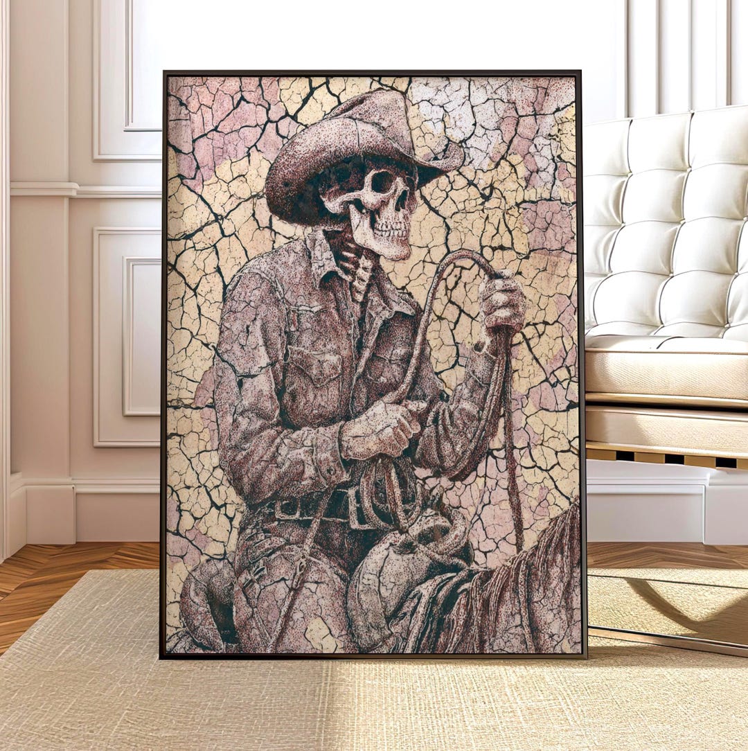 Skeleton Cowboy Wall Art, Western Skull Illustration Print, Vintage ...