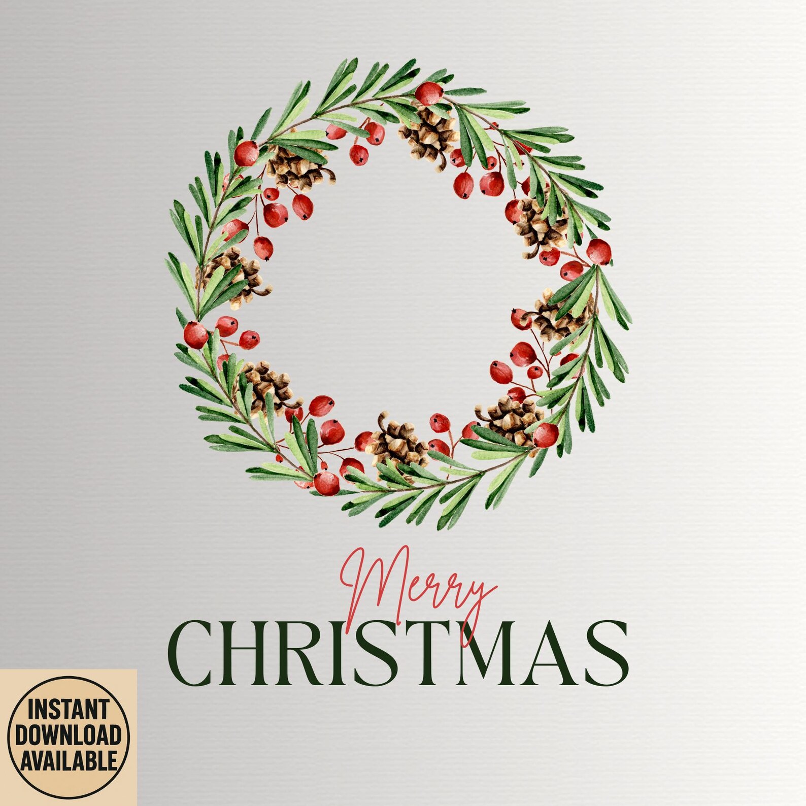Merry Christmas Card Wit Green Wreath- Download Only - Etsy