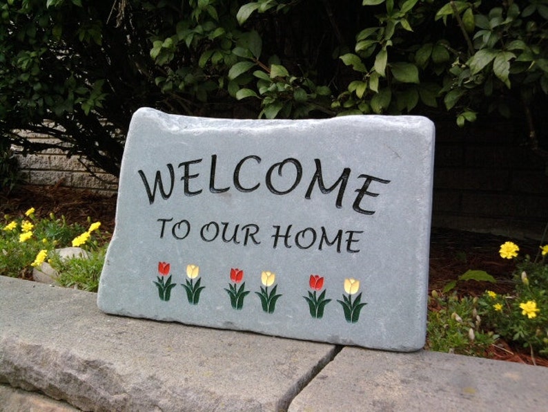 Welcome to Our Home Engraved Stone Sign With Tulips - Etsy