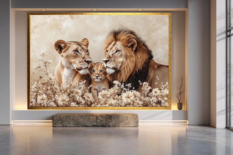Lion Family Canvas Print, Elegant Lion, Lioness and Cub Wall Art, Warm ...