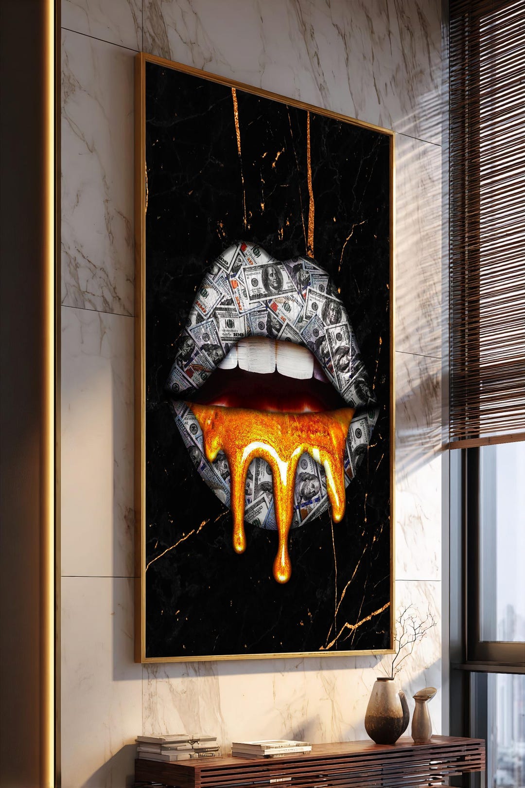 Luxury Money Lips Canvas Print With Dripping Gold, Bold Dollar Collage ...