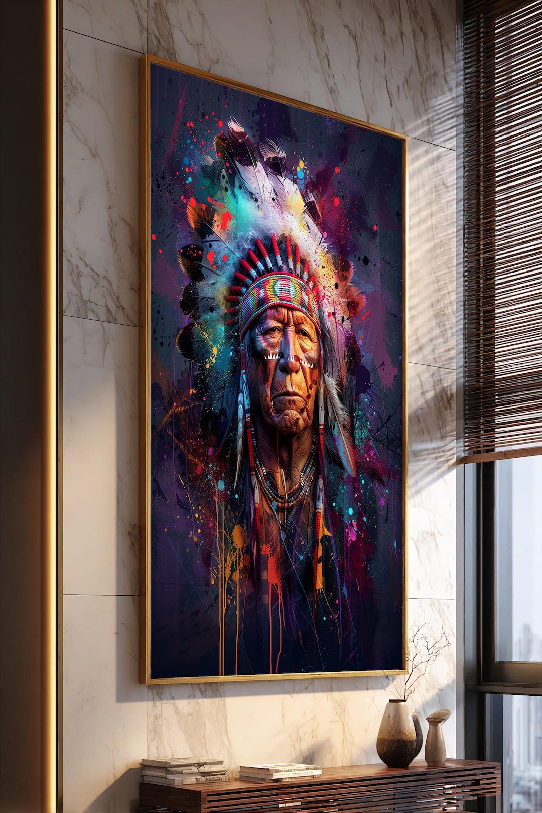 Native American Chief Canvas Print Colorful Tribal Portrait Wall Art ...